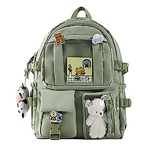 AoMoon Kawaii Backpack Lovely Pastel Rucksack for Teen Girls Aesthetic Student Bookbags with Kawaii Pin and Cute Accessories (Green-C)