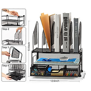 Beiz Desk Organizer and Accessories Storage with 5 Vertical File Folder Holders, 2 Paper Tray, Drawer for Office, Home, Dorm, Workspace to Collect Office Supplies (Black)
