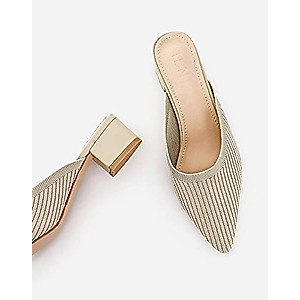 TIJN Pointed Toe Mules for Women Chunky Sandals Low Heeled Sandals Breathable Mesh Knit Slip on Flat Shoes(Helka) Cream