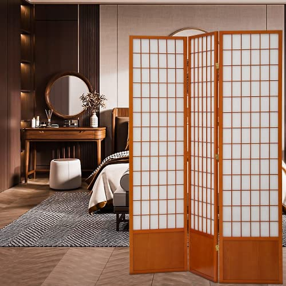 Magshion 3-Panels Room Dividers and Folding Privacy Screens 6.5ft High Oriental Small Grids Folding Screen Room Divider Separating Wall Freestanding Shoji Screen for Home Office
