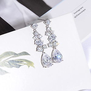 Bridal Earrings for Wedding Silver - 14k Plated Sterling Silver Teardrop CZ Cubic Zirconia Crystal Rhinestone Floarl Leaf Cluster Long Fashion Statement Costume Earrings for Wedding Party Prom