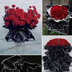 Kosotody 20 Sheets Waterproof Floral Wrapping Paper,Florist Bouquet Packaging Paper with Ribbon, 22.8x22.8 inch (White Edge Black)