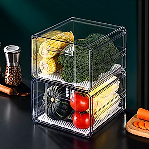 Food Storage Containers Pantry Organizer with Lids, Removable Drain Tray Fruit Vegetables Storage Rack Clear Fridge Storage