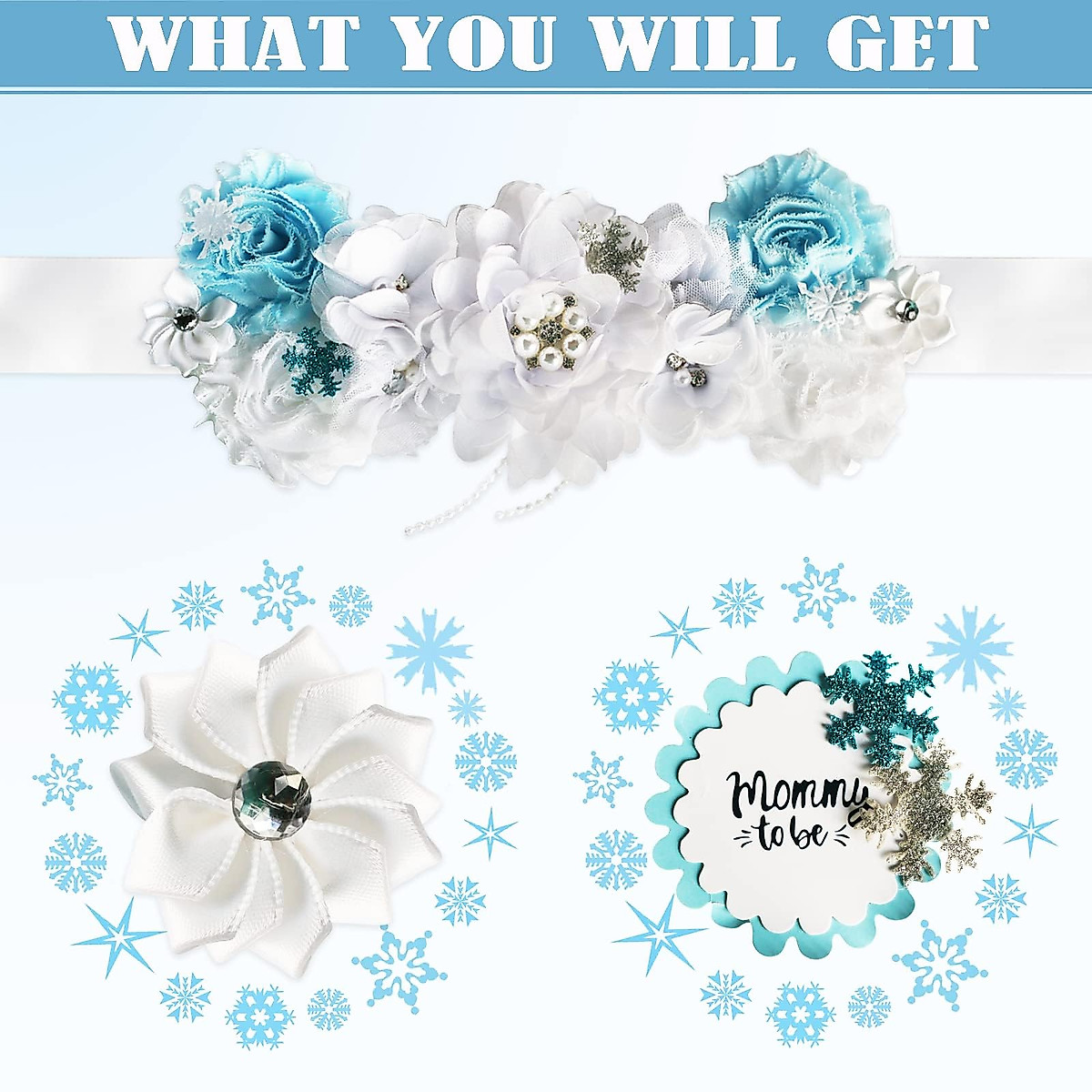 Hombae Frozen Maternity Sash Belt for Baby Shower Blue Snow Flake Mommy To Be & Daddy To Be Badge Corsage Pin Set for Frozen Party Decorations Supplies