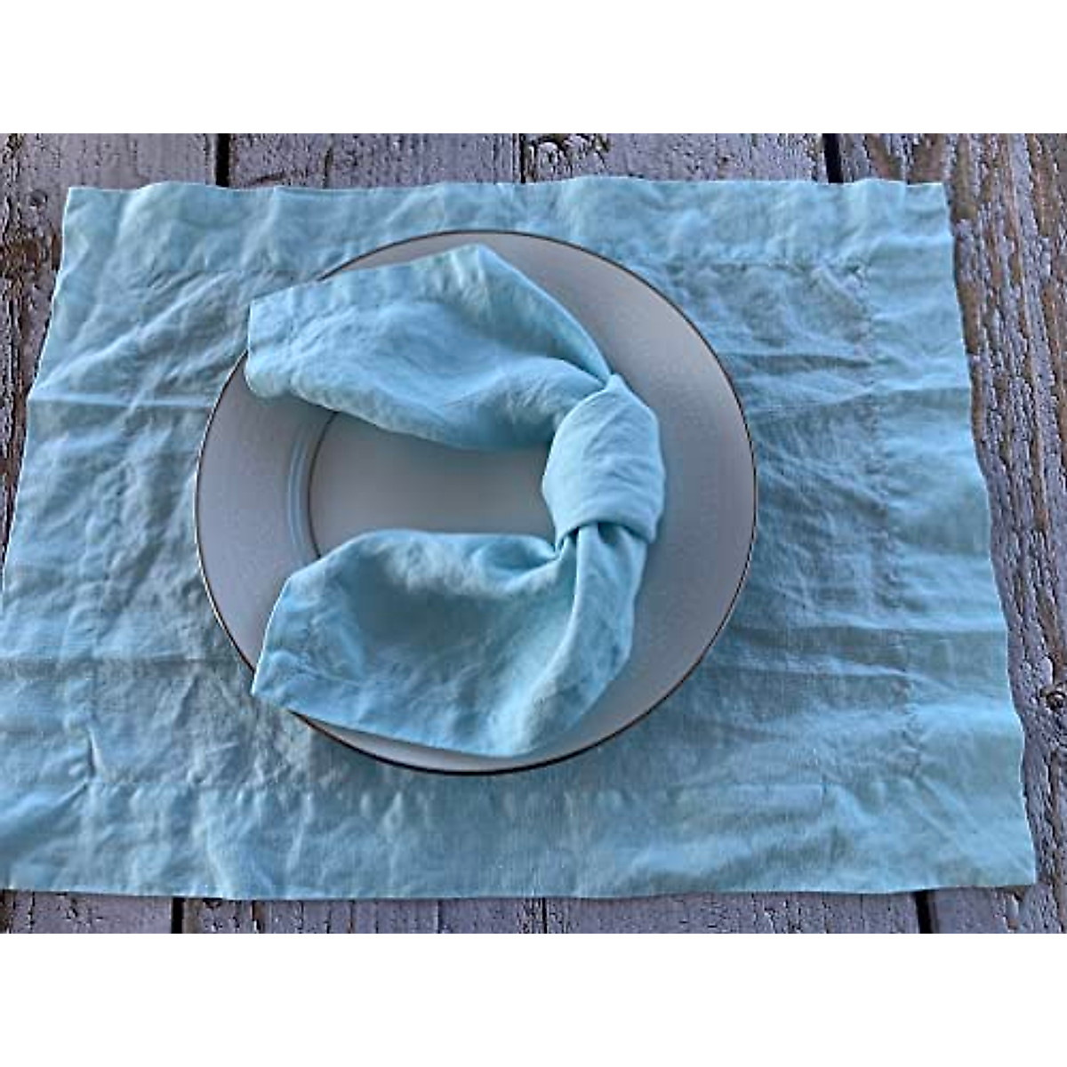Eight Owls Stonewashed Linen Placemats – 15” x 20”– Set of 4-100% Pure Linen Cloth - Mitered Corners – 2" Hem – Coast (Aqua Lagoon)