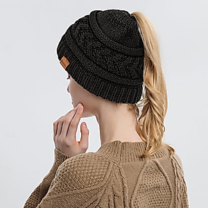 Rosoz 1&2 Packs Ponytail Beanie for Women,Winter Warm Beanie Tail Soft Stretch Cable Knit Messy High Bun Hat