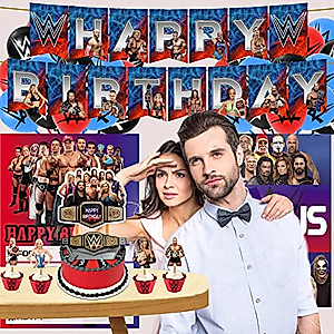 44 Pcs Boxing Party Supplies, Wrestling Fighting Theme Birthday Party Set, Includes Happy birthday banner, Cake topper, Cupcake Toppers, Balloons, Invitation Card for Kids Men Party Decorations