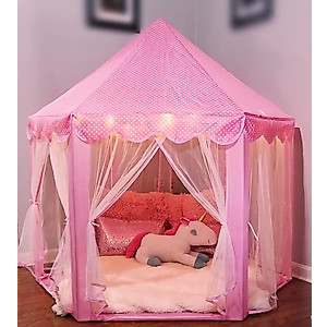 GeerWest Princess Tent for Girls, Kids Play Tent with Star Lights Toys for 1st Birthday Gifts, Pink Large Playhouse for Babys Indoor and Outdoor (Princess Tent)