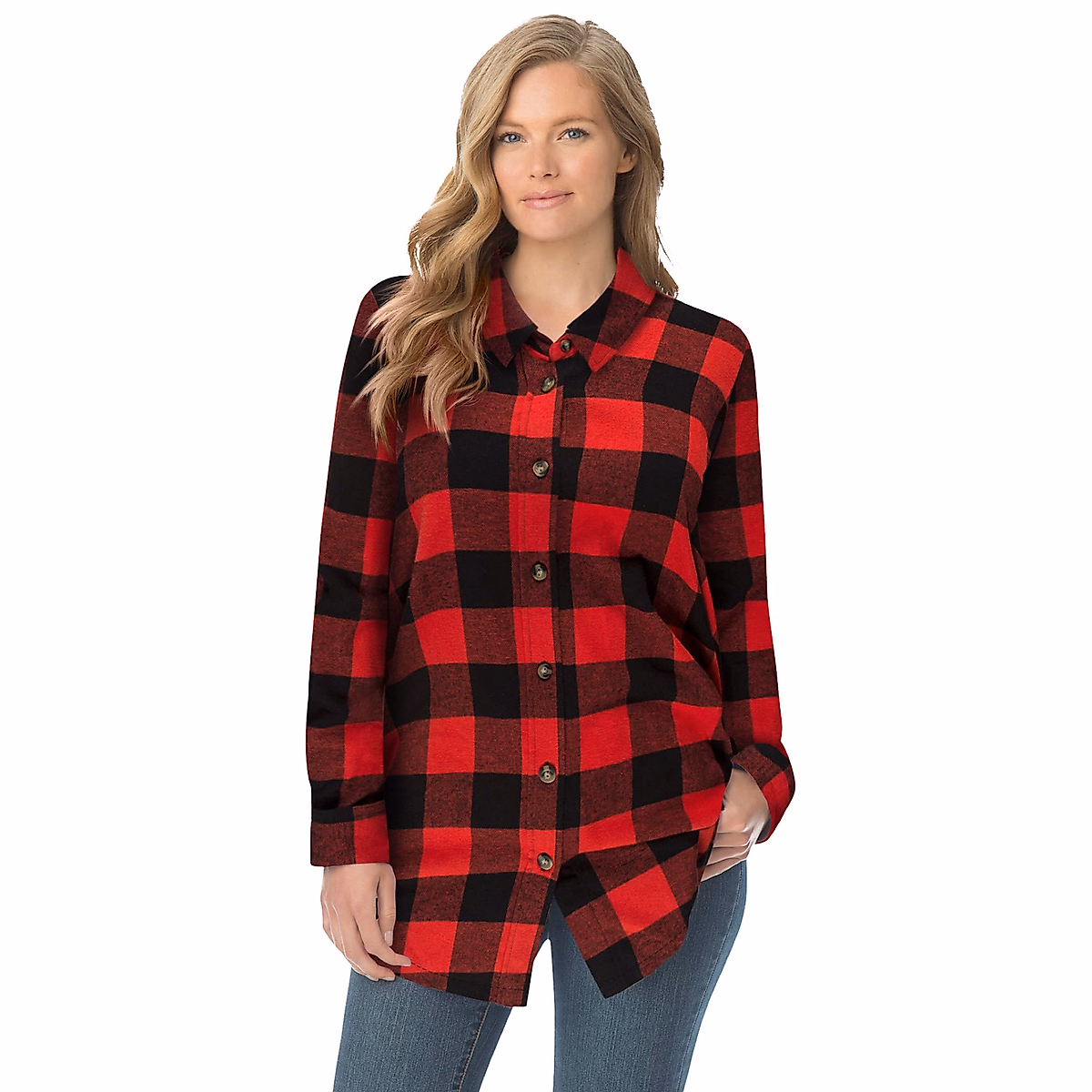 Woman Within Women's Plus Size Classic Flannel Shirt - 3X, Vivid Red Buffalo Plaid