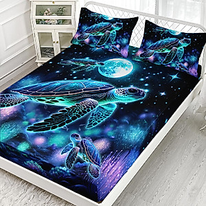 AILONEN Sea Turtle Fitted Sheet Set Twin XL Size, Ocean Bed Sheet Set Coral Jellyfish 3 Pieces Printed Sheet Set for Boys Girls,Evening Starry Moon Turtle Fitted Sheet with 2 Pillowcases