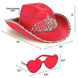 Funcredible Red Cowboy Hat and Glasses - Preppy Cowgirl Hat with Tiara - Sparkly Cowboy Hat - Cowgirl Outfit Accessories for Women and Girls