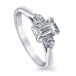 BERRICLE Sterling Silver 3-Stone Wedding Engagement Rings Emerald Cut Cubic Zirconia CZ Anniversary Promise Ring for Women, Rhodium Plated Size 6