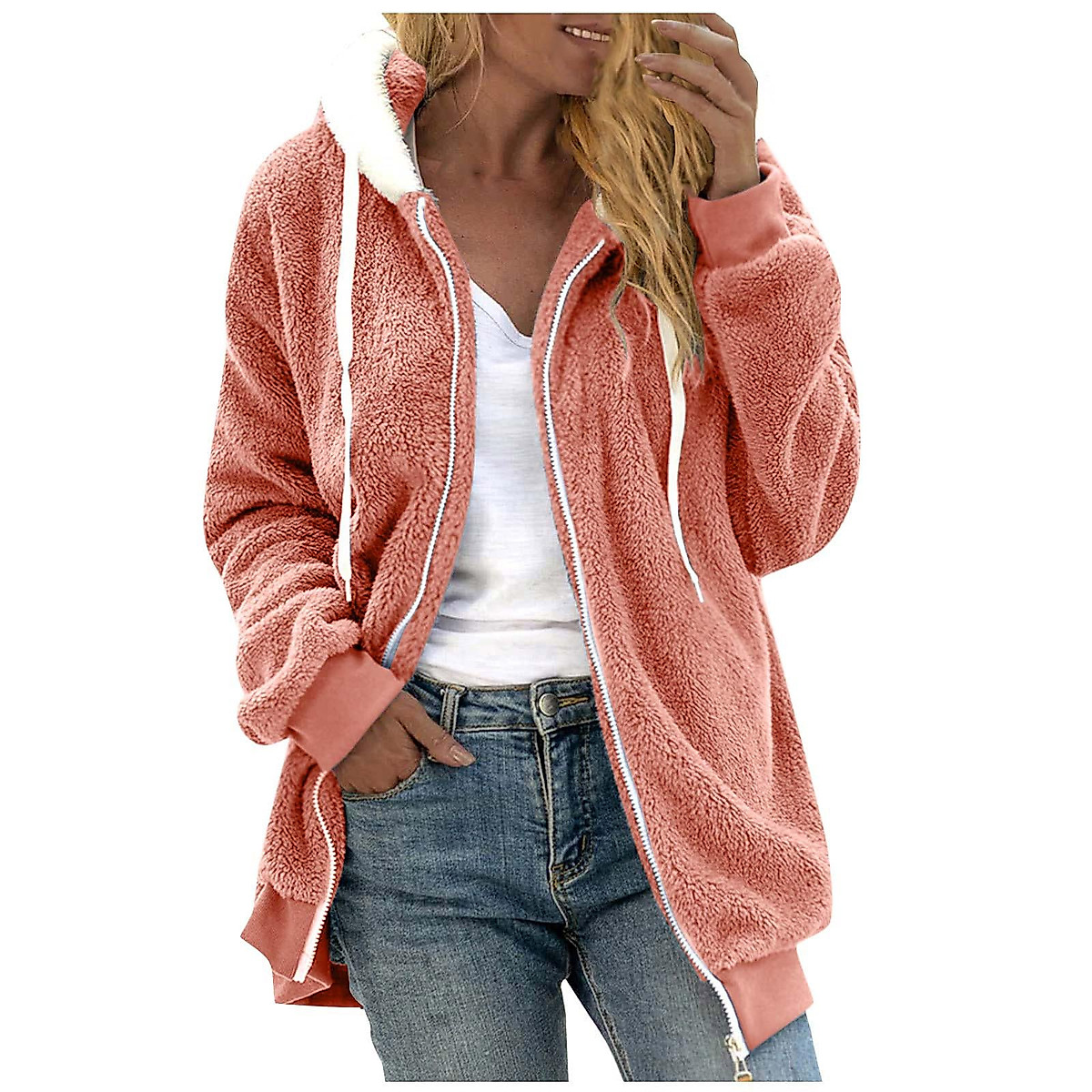 2023 Fleece Jacket Womens Plus Size Loose Fuzzy Jacket Colorblock Plush Zip Up Hoodies Casual Faux Fur Jacket Outerwear