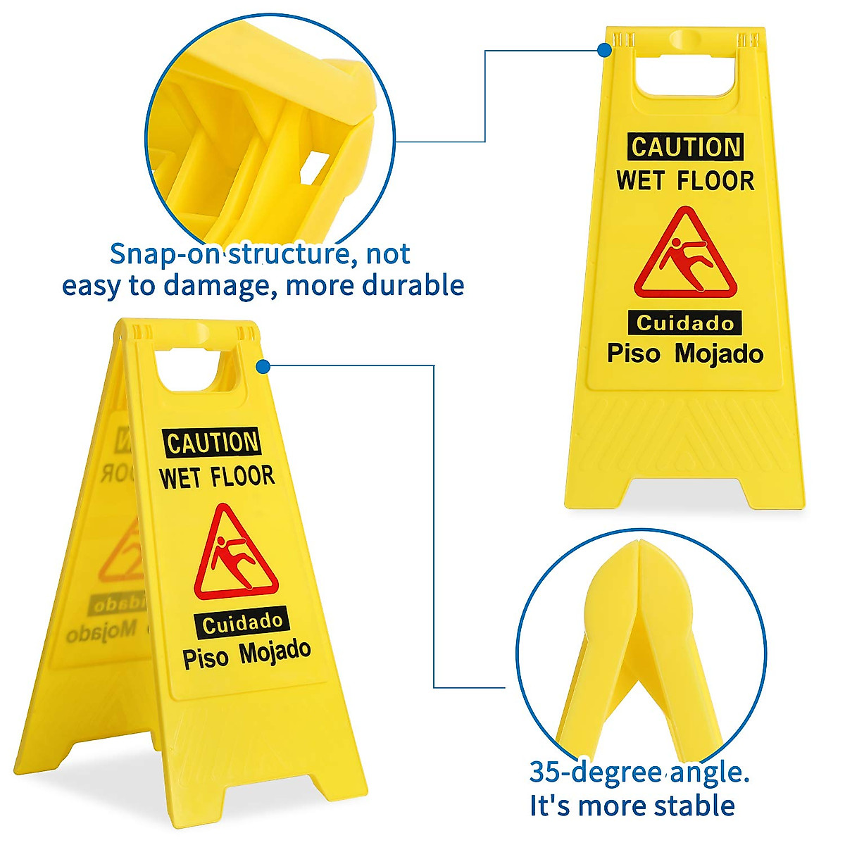 CERLMLAND Caution Wet Floor Sign, Foldable Sturdy Bilingual Double-Sided Safety Warning Signs for Commercial Use (3-Pack Yellow)