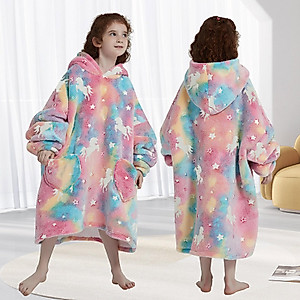 Wearable Blanket Hoodie for Kids Oversized Sherpa Blanket Hoodie for Kids Boys Girls Teens 6-13YR,Glow in The Dark Rainbow Unicorns