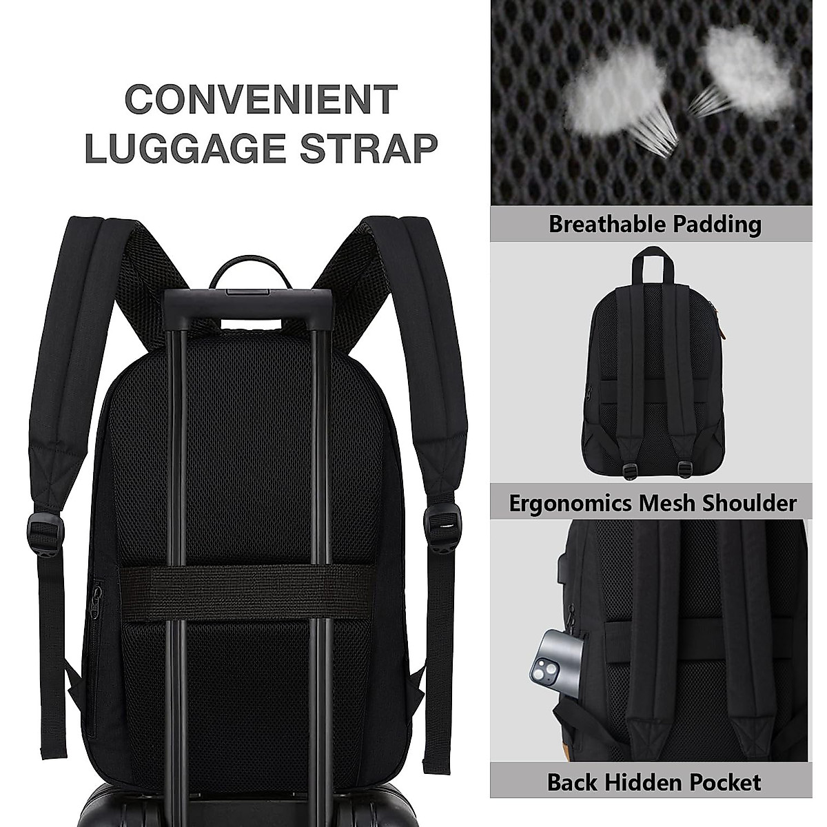 KEOFID classic water resistent travel backpack for men and women, Anti thief laptop backpack with USB charging port, work backpack, school bookbag for college, gift for boys and girls(BLACK)