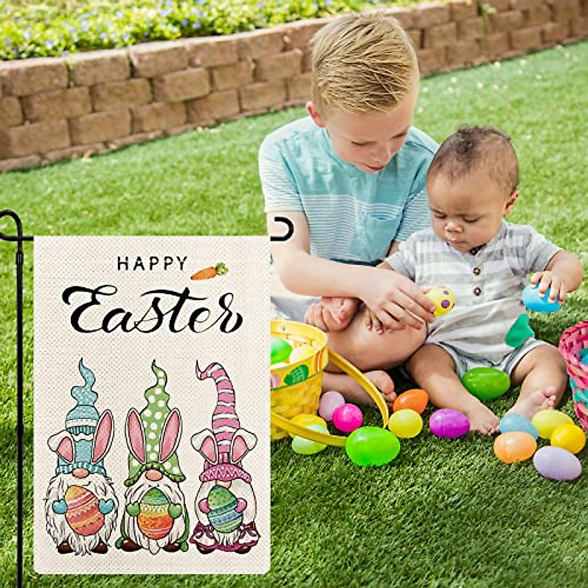 YOVOYOA Happy Easter Rabbit Bunny Gnomes Garden Flag 12.5 x 18 Inch Double Sided Welcome Pees Easter Eggs Flag, Easter Farmhouse Decor