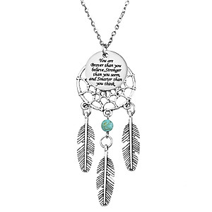 MJartoria Women's Dangling Feather Charms Filigree Tribal Dreamcatcher Pendant Chain Necklace (Silver)