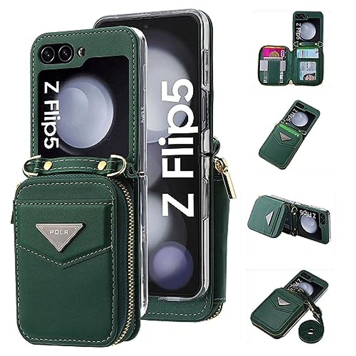 EAXER for Samsung Galaxy Z Flip 5 Case, Shockproof PU Wallet Folding Case Leather Zipper Crossbody Strap Cover (Green)