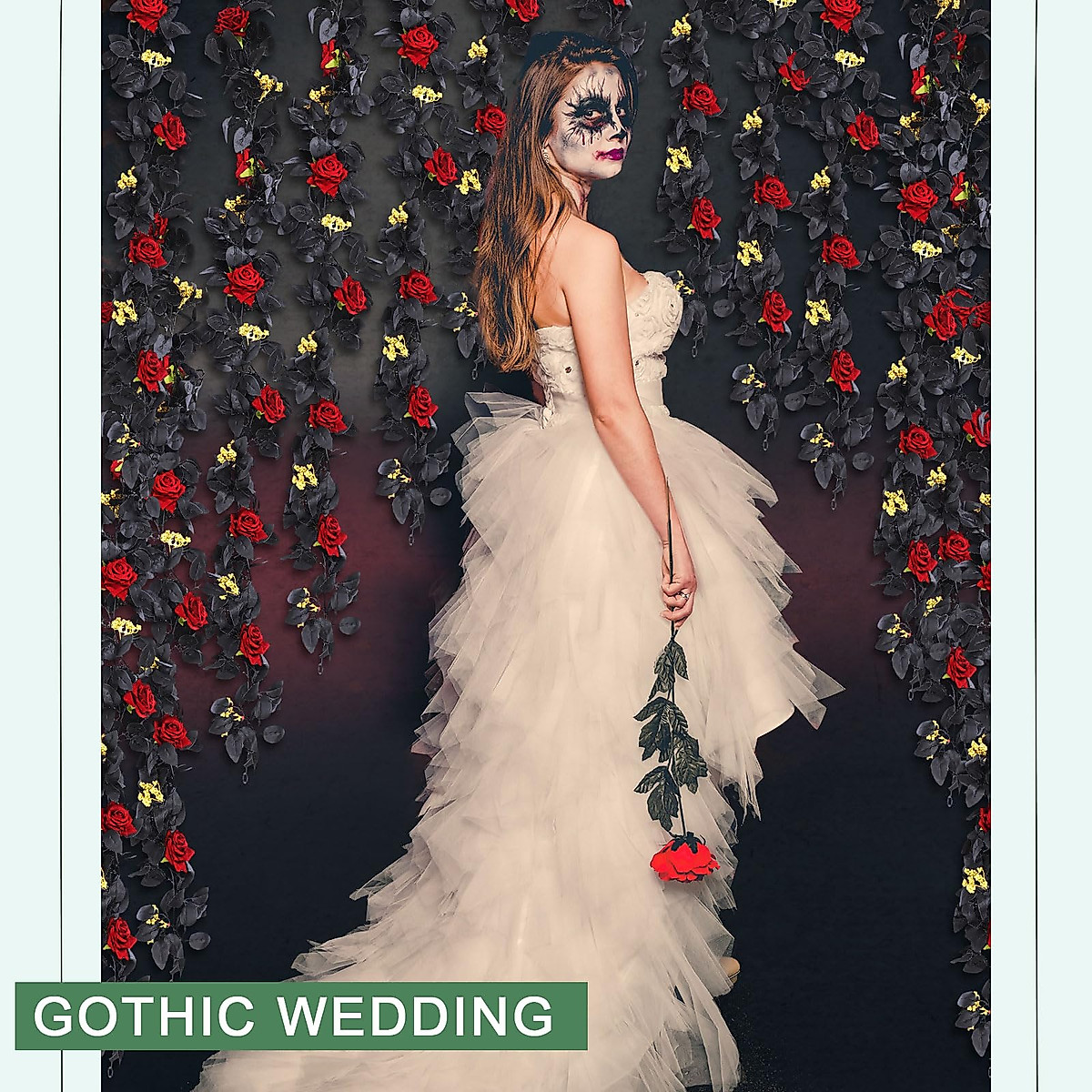 Zeyune 5 Pcs Halloween Artificial Black Rose Vine Fake Floral Wall Hanging Ornaments Dark Flower Floral Vines Decorative Black Rose Garland with Golden Berries and Black Leaves for Home Wedding Party