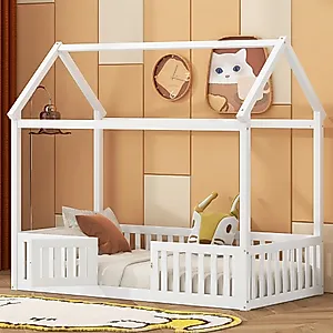 P PURLOVE Twin Size Floor House Bed Frame,Wood Montessori Floor Bed Frame with Fence for Boys,Girls,White