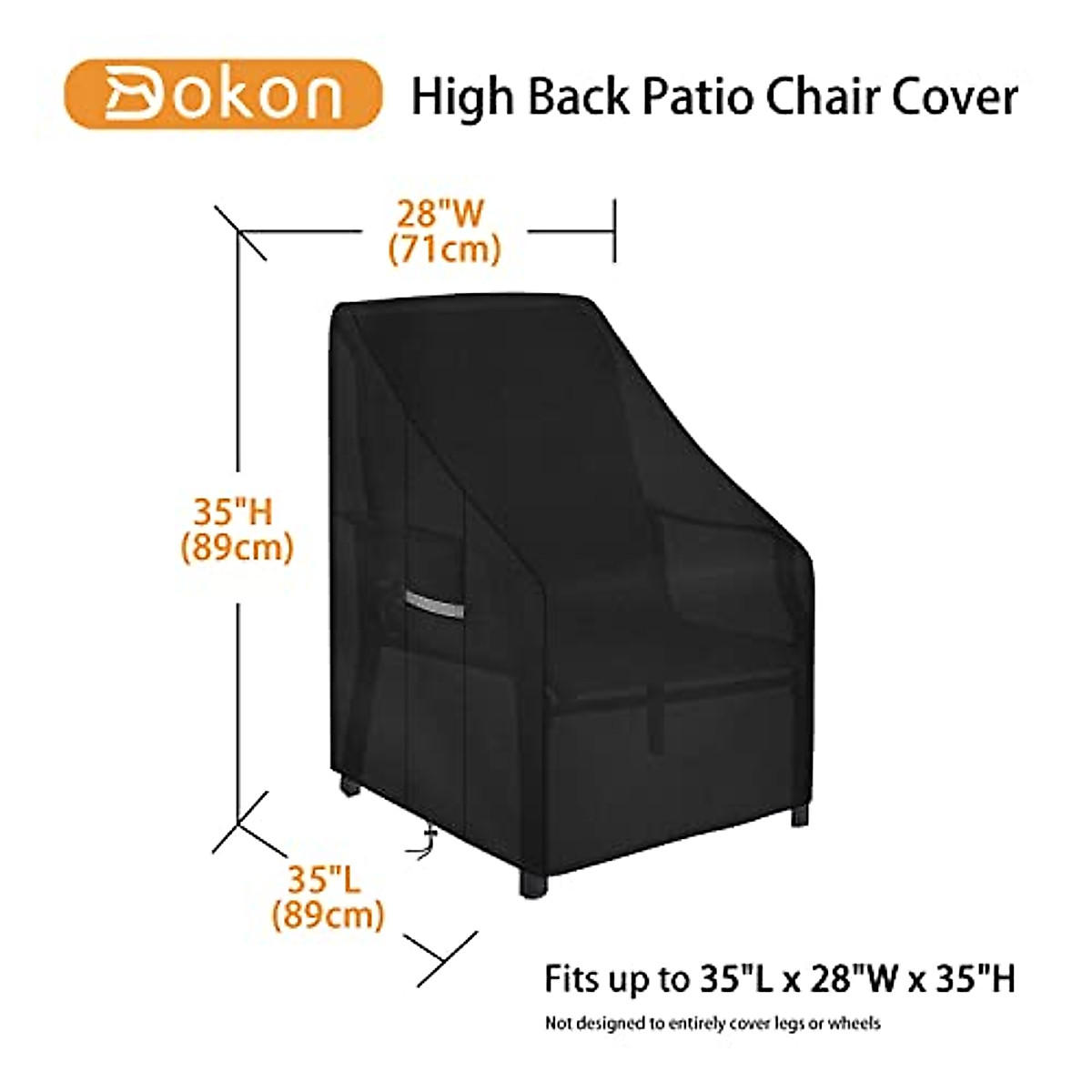 Dokon Patio High Back Chair Cover with Air Vents, Waterproof, Anti-Fading, UV Resistant Heavy Duty 600D Oxford Fabric Outdoor Chair Covers, Patio Furniture Chair Cover (35"L x 28"W x 35"H) - Black