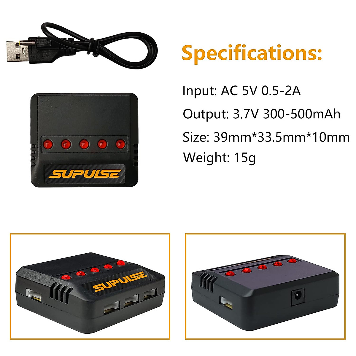SUPULSE Lipo Battery Charger DC 3.7V 1S 1 Cell RC Charger Micro 5 Port Compact Charger with LED Indicator Mini Size Lipo Charger 5 in 1 USB Lipo Charger