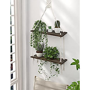 Sonefreiy Rustic Hanging Shelves 2 Tier White Rope Brown Wood Floating Shelf Window Plant Shelves for Bathroom Bedroom Living Room