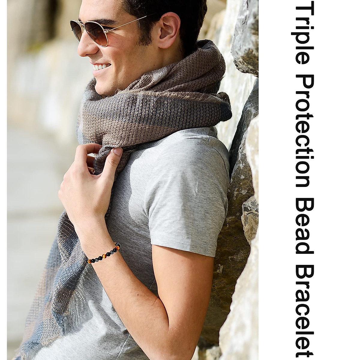 FINZOR 10 Pcs Triple Protection Bracelet Hematite Black Obsidian Tiger Eye Stone Beaded Bracelets for Men Women Stretch Bracelets