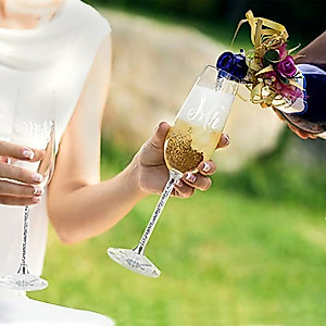 Wedding Cake Knife and Server Set, Crystal Champagne Flutes Glasses Engraved Mr & Mrs, Cake Cutting Set for Wedding, Bride and Groom Toasting Champagne Flutes, Anniversary Engagement Gifts for Couple