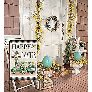 Happy Easter Garden Flag 12x18 Inch Double Sided Buffalo Plaid with Truck Cross Rabbit Eggs,Small Yard Flag for Outside Farmhouse Holiday Spring Outdoor Decor