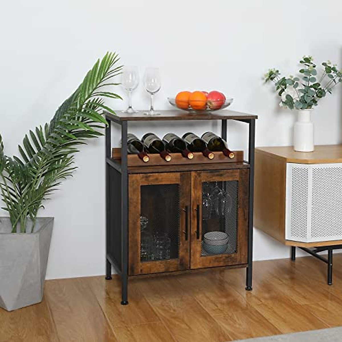 X-cosrack Wine Bar Rack Cabinet with Detachable Wine Rack, Coffee Bar Cabinet with Glass Holder, Small Sideboard and Buffet Cabinet with Mesh Door, Rustic Brown(Patent Pending)