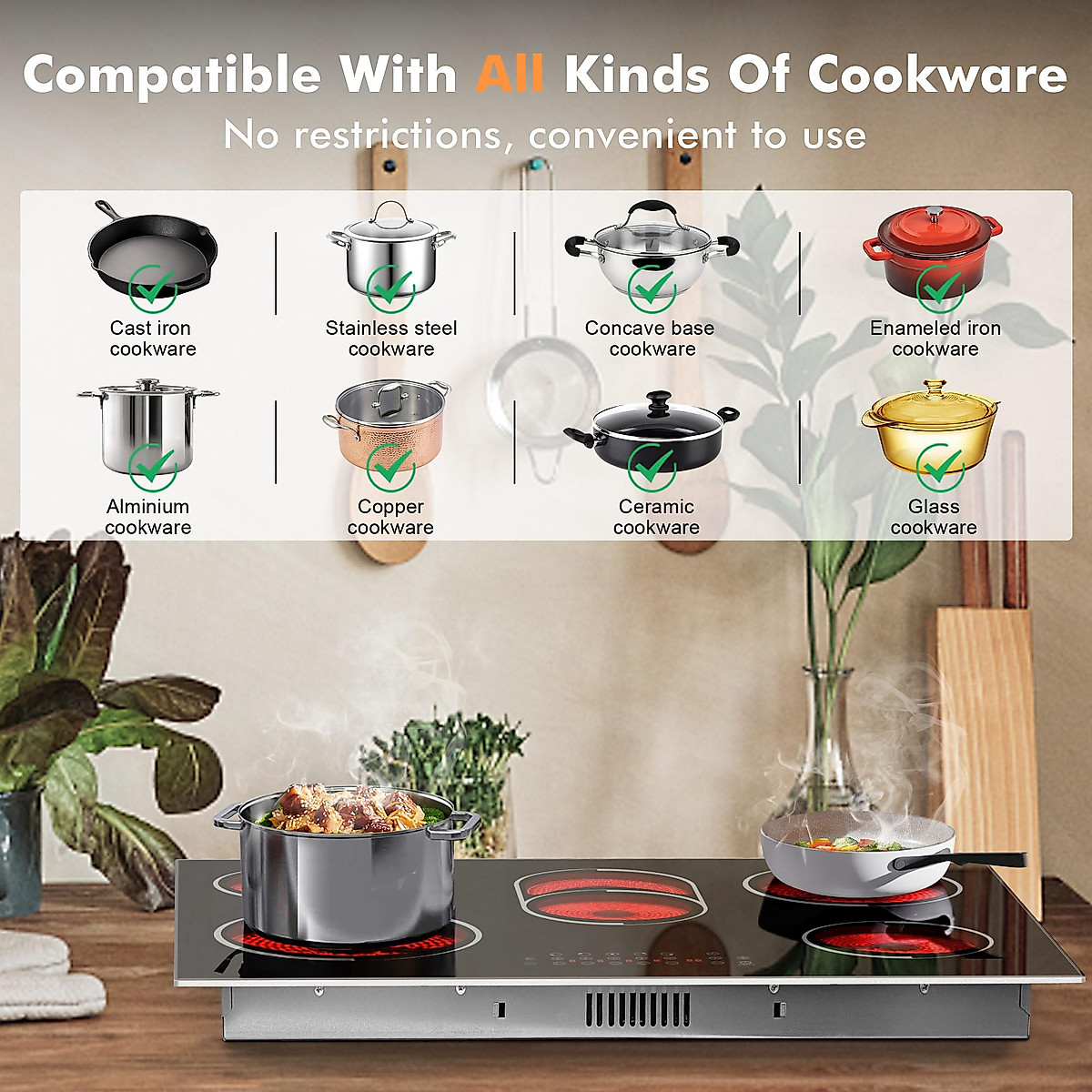 Jessier Electric Cooktop 30 Inch - 5 Burners Built-in Ceramic Cooktop, 30" Electric Stove Top with Glass Protection Metal Frame, 9 Heating Level, 8400W, 220-240V for Hard Wire(No Plug)