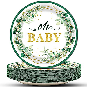 ZOIIWA 48 Pcs Oh Baby Eucalyptus Plates Baby Shower Party Supplies Sage Greenery Dessert Plates Greenery Disposable Paper Plates for Boys or Girls Gender Reveal Baby Shower Party Decorations Favors