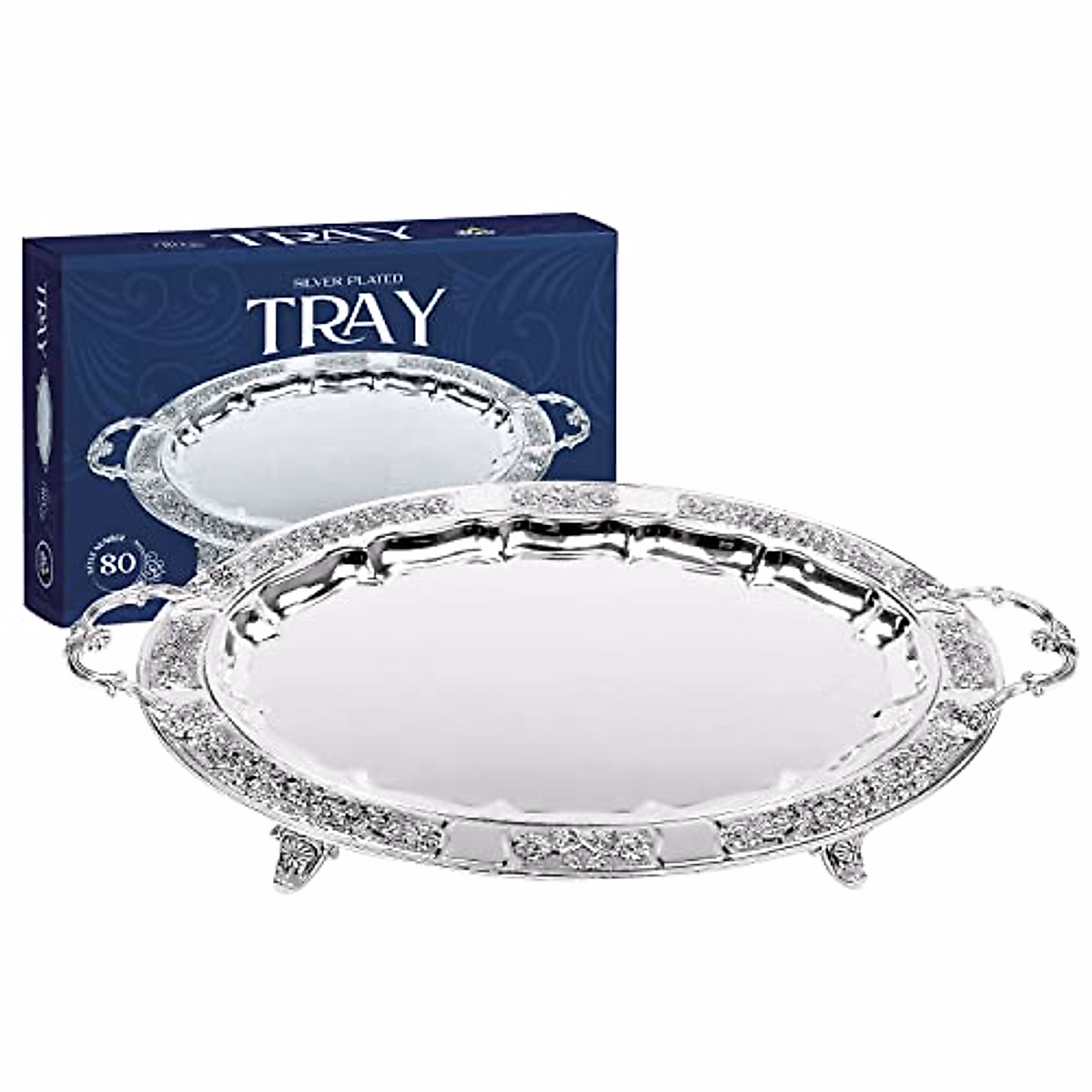 Silver Plated Menorah Tray with Handles - 16 Inch x 12 Inch - for Shabbos, Yom Tov, Hanukkah Drip Tray - Large Oval Silver Tray - Ner Mitzvah