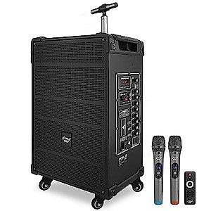 Pyle 12'' Portable Wireless Bluetooth Speaker System - Built-in Rechargeable Battery, Wireless Microphone, USB/Micro SD/FM - 80 Watt - FM Radio with Digital LED Display, PWMA1299A