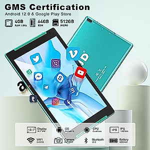 TJD Android 12 Tablet, 10 inch Tablets, 4GB RAM 64GB ROM 512GB Expandable Storage Tablets PC, FHD IPS Touch Screen, 6000mAh Battery, WiFi, Bluetooth, 8.0MP Camera, Google GMS (Green)