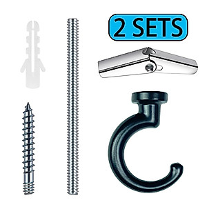 OBSTKUCHEN Large Swag Ceiling Hooks Heavy Duty Swag Hook with Hardware for Hanging Plants Ceiling Installation Cavity Wall Fixing (2 Sets, Black)