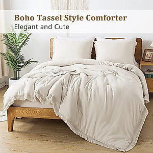 Andency Twin Comforter Set Beige, 2 Pieces Boho Tassel Kids Comforter Sets for Boys Girls Teens, Soft All Season Bedding Comforter Set (66x90In Comforter & 1 Pillowcase)
