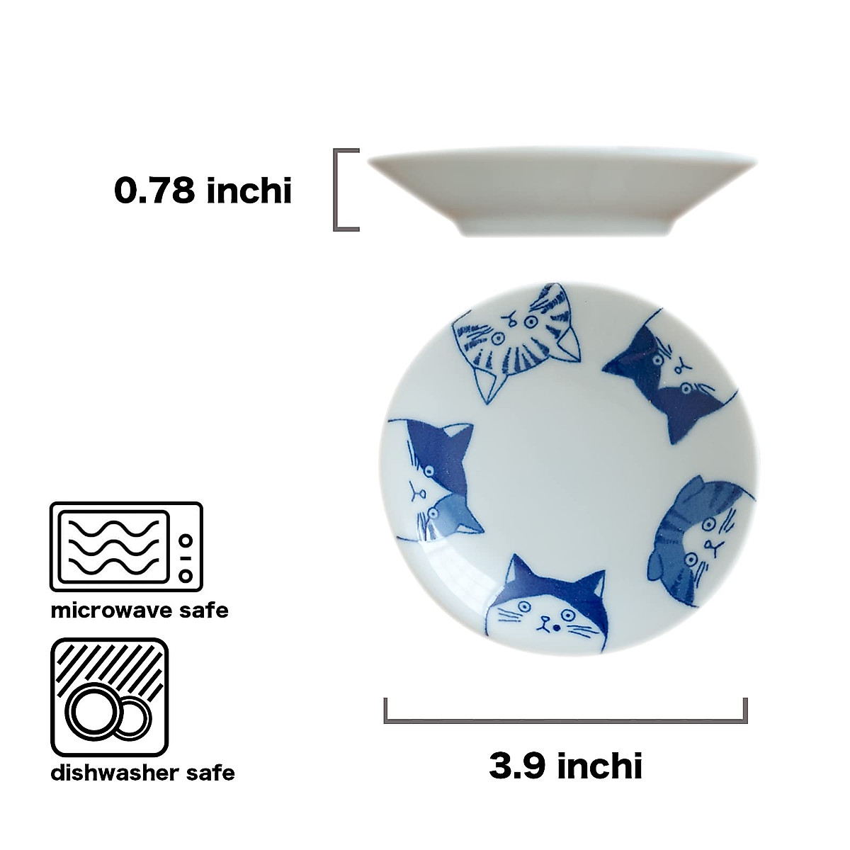 LOVE LOVE JAPAN Japanese Cat Design Ceramic Small Plates - Set of 4 - Great for Sushi, Dips, & Desserts, Cat Quintet