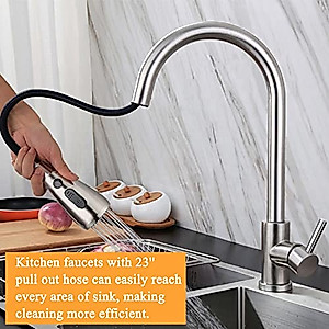 FIFOAH Kitchen Sink Faucets with Pull Down Sprayer, Stainless Steel Brushed Nickel Kitchen Faucets, Single Handle Faucet with Pullout Sprayer, Modern Kitchen Faucet for RV Bar Farmhouse Sink