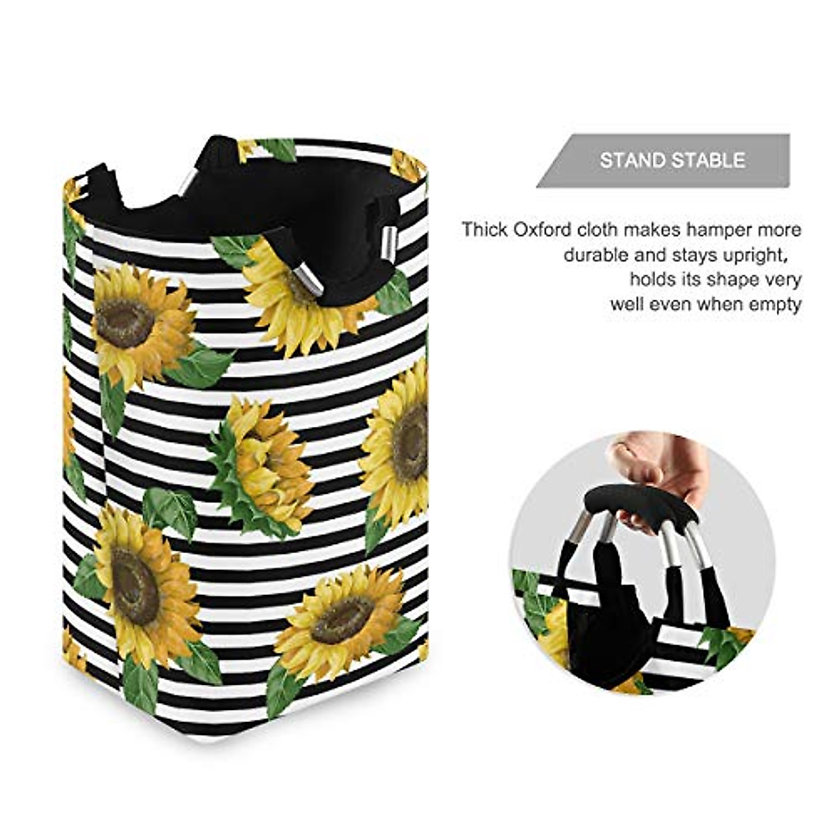 Aflyko Sunflower Black and White Stripes Laundry Basket Foldable Waterproof Laundry Hamper Large Storage Basket with Handles for Bathroom Washhouse Home Decor