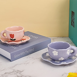 Koythin Ceramic Coffee Mug with Saucer Set, Cute Creative Cup Unique Irregular Saucer Design for Office and Home, 6 oz/180 ml for Latte Tea Milk, Mothers Day Gifts (Purple Flower)