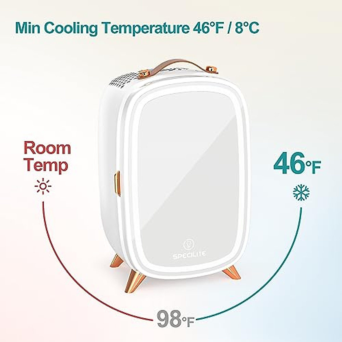 SPECILITE Mini Fridge, 6L Skincare Fridge with Mirror and LED Lighting Portable Cooler Small Refrigerator for Bedroom, Beauty, Makeup, Skin Care, Beverage, Cosmetics (White)