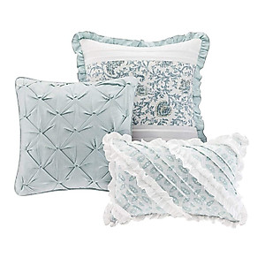 D&H 9 Piece Periwinkle Blue Green Paisley Comforter Queen Set, Blue White Shabby Chic Adult Bedding Master Bedroom Stylish Pintuck Ruffled Pattern Ruched Elegant Traditional Cotton Polyester