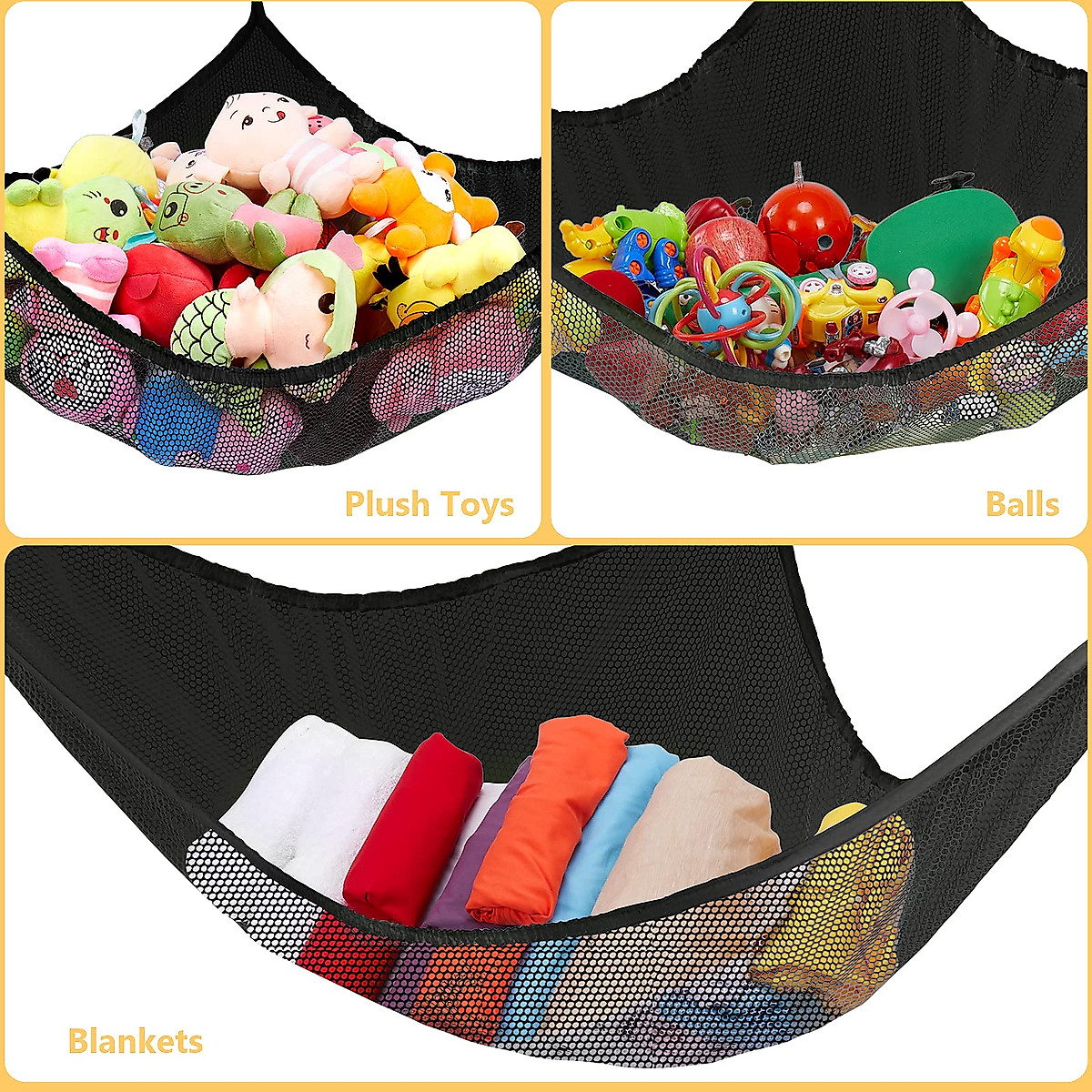 Jumbo Toy Net Hammock for Stuffed Animals KoHuiJoo Wall Sling Corner Extra Large Kids Children Mesh Toy Net Organizer (Black 2 Pack, 70 inch)