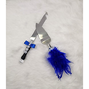 Abbie Home Wedding Cake Knife and Server Set - Royal Blue Feather Dress Black Suit Rhinestone Decorated Bride and Groom Cake Tool, Set of 2 (Cake knife set)