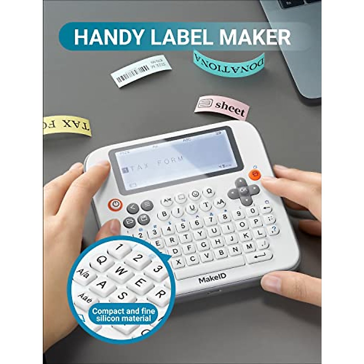 Makeid E1 Label Maker - Bluetooth Compatible Thermal Printer - QWERTY Keyboard Portable Label Maker, 4.42" Large LCD Screen - Prints 9/12/16mm Waterproof Label Tapes - Includes 13.3' Tape, USB Cable
