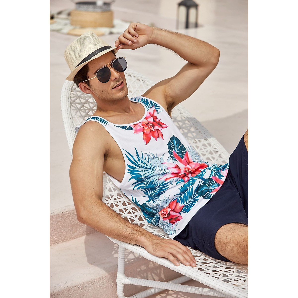 COOFANDY Men's Floral Tank Tops Sleeveless Tees All Over Print Casual Sport Loose Fit T-Shirts Hawaii Beach Tee Tops White M