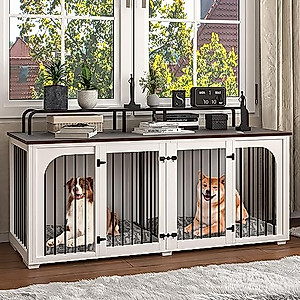 74.8" XXL Double Dog Kennel Furniture for Large Breed,Heavy Duty Wooden Dog Crate Cage Furniture Style with Storage Rack Shelf and Divider for 2 Dogs Indoor,White